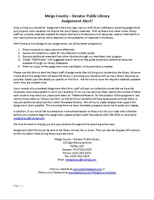 Meigs County - Decatur Public Library: Assignment Alert Form for Meigs ...