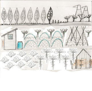 handprinted by a.deegan: Down the allotment - sketch to print