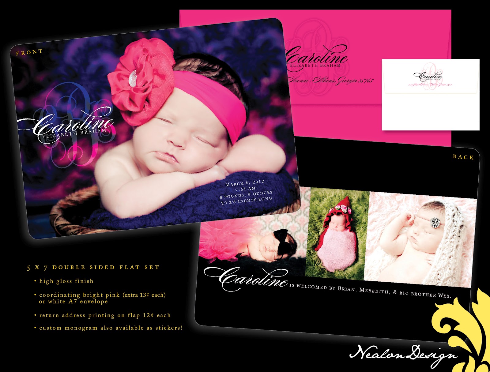 Nealon Design: "CAROLINE" — Monogram Birth Announcement