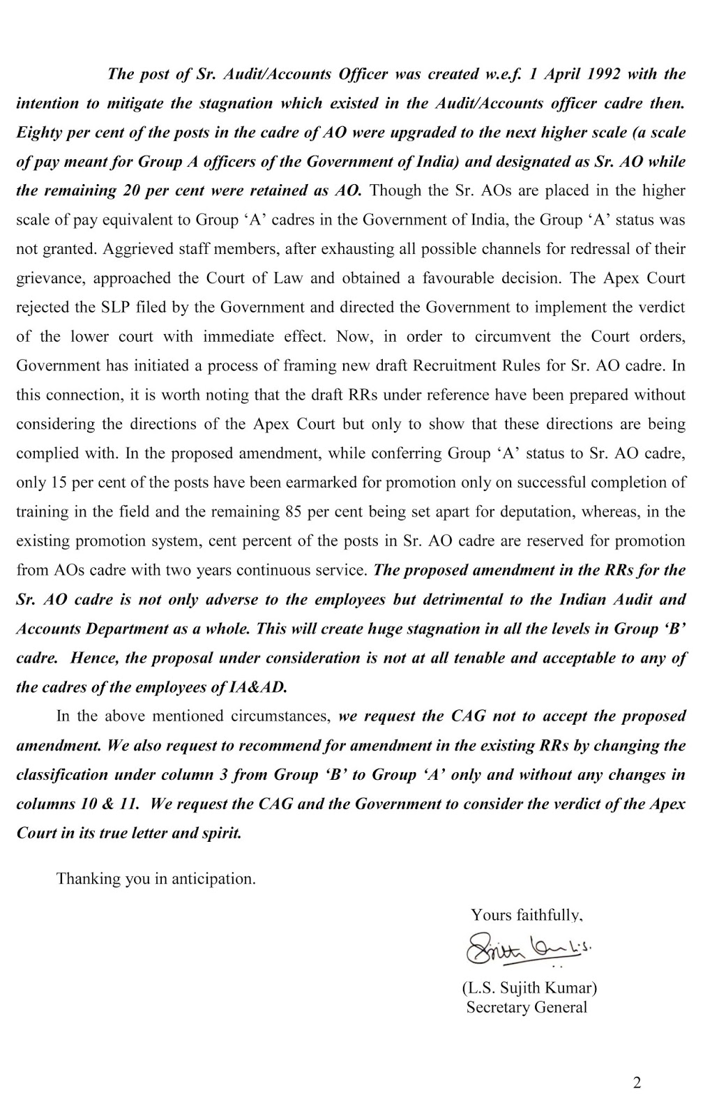 National Audit Federation: Letter submitted to CAG on Sr.AO Group A ...