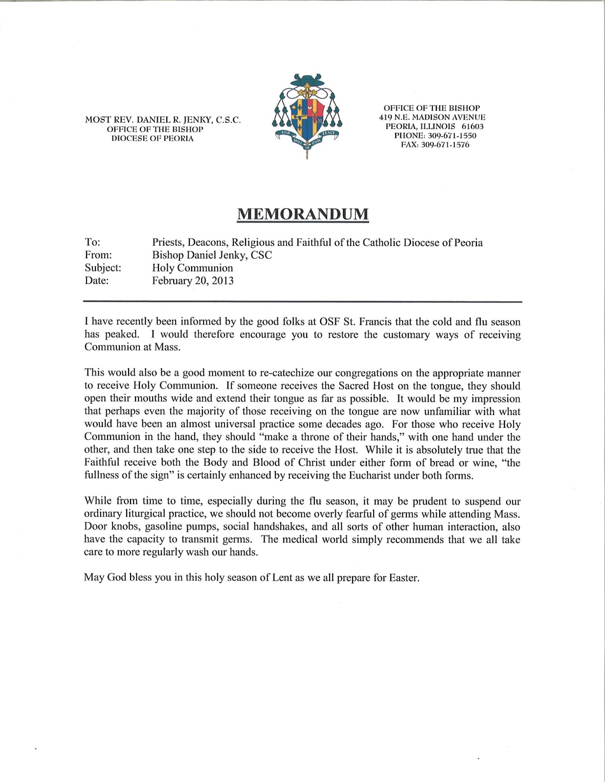 Bishop Daniel R. Jenky, CSC: Memo on Holy Communion