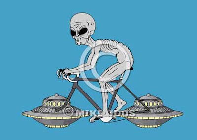 mike joos art: Grey Alien Riding Bike With UFO Wheels