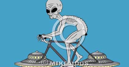 mike joos art: Grey Alien Riding Bike With UFO Wheels