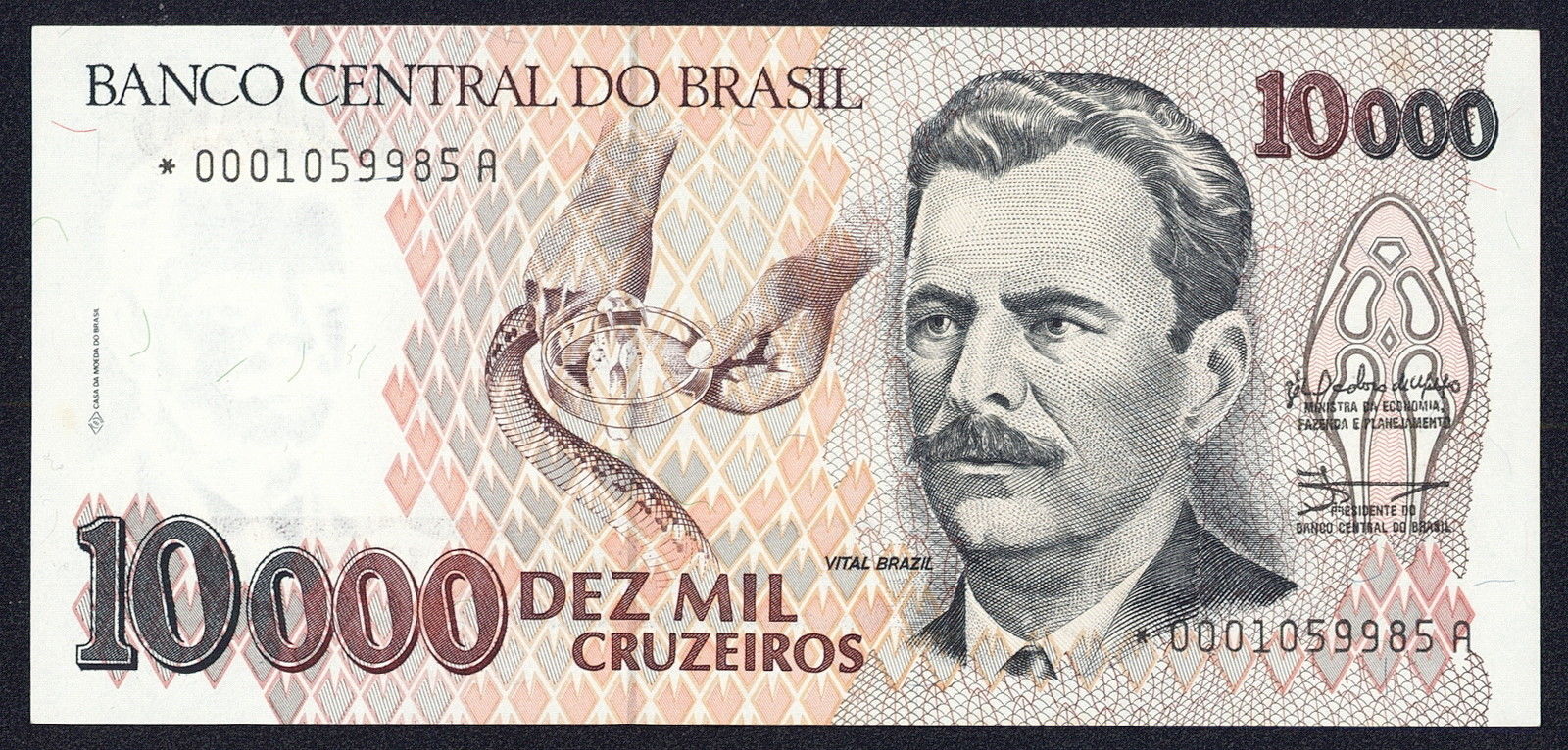 Brazil 10000 Cruzeiros banknote 1991 Vital Brazil|World Banknotes ...