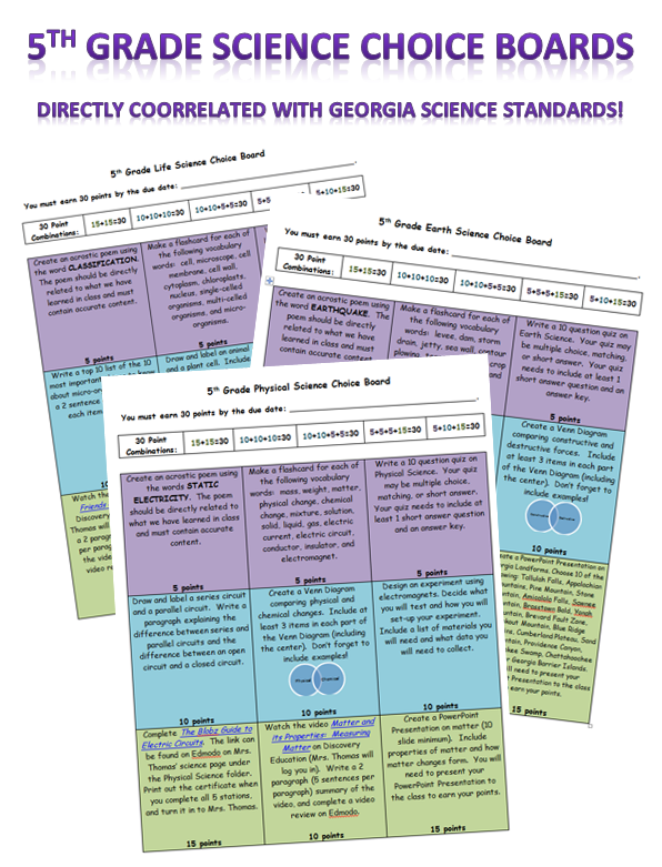 Teach in the Peach: 5th Grade Science Choice Boards