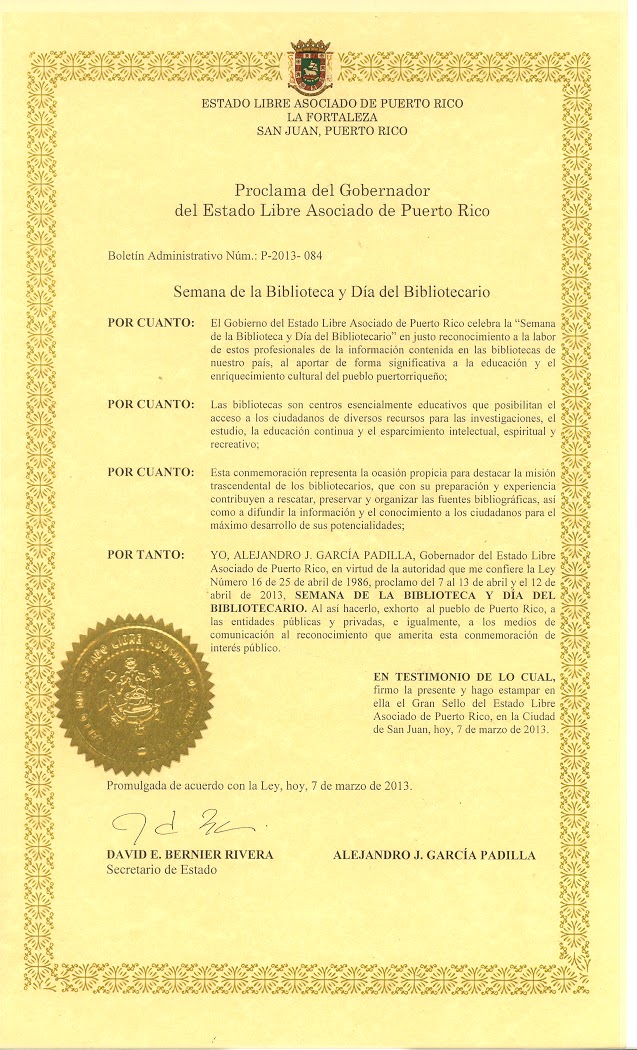 Biblioteca Escuela S.U Pedro Meléndez : Proclama del Gobernador Semana ...