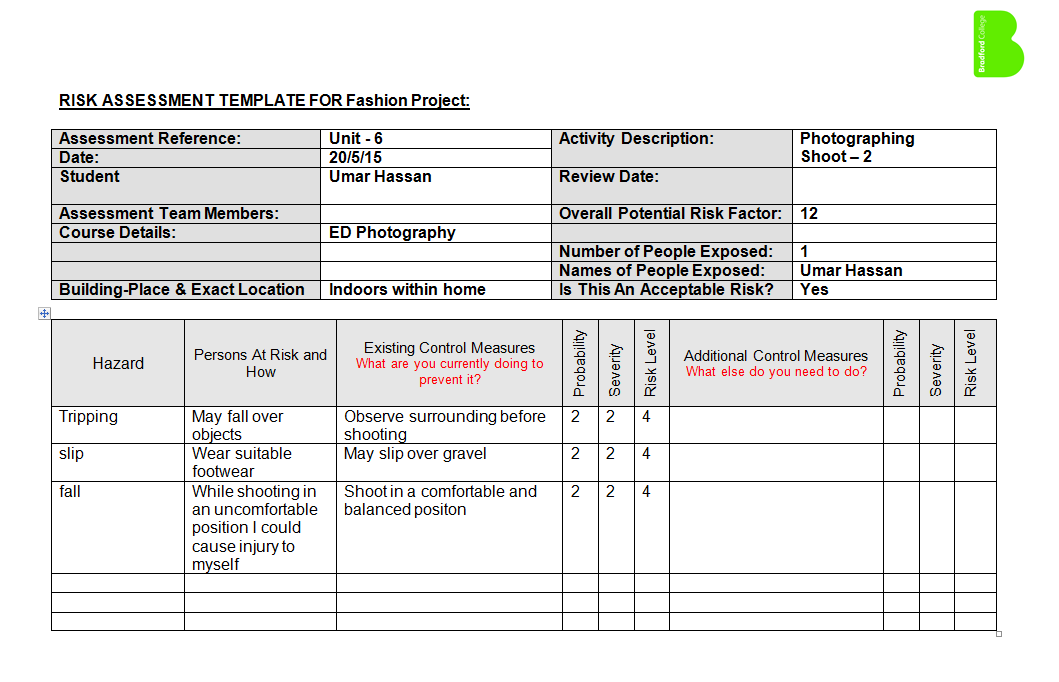 Umar's Photography Blog : Risk assessment form for all shoots