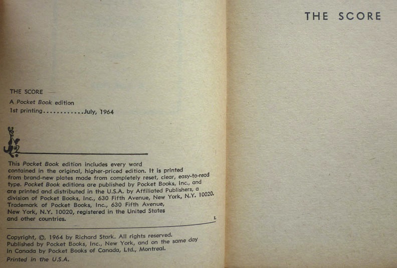 Existential Ennui: Westlake Score: The Score by Richard Stark; US ...