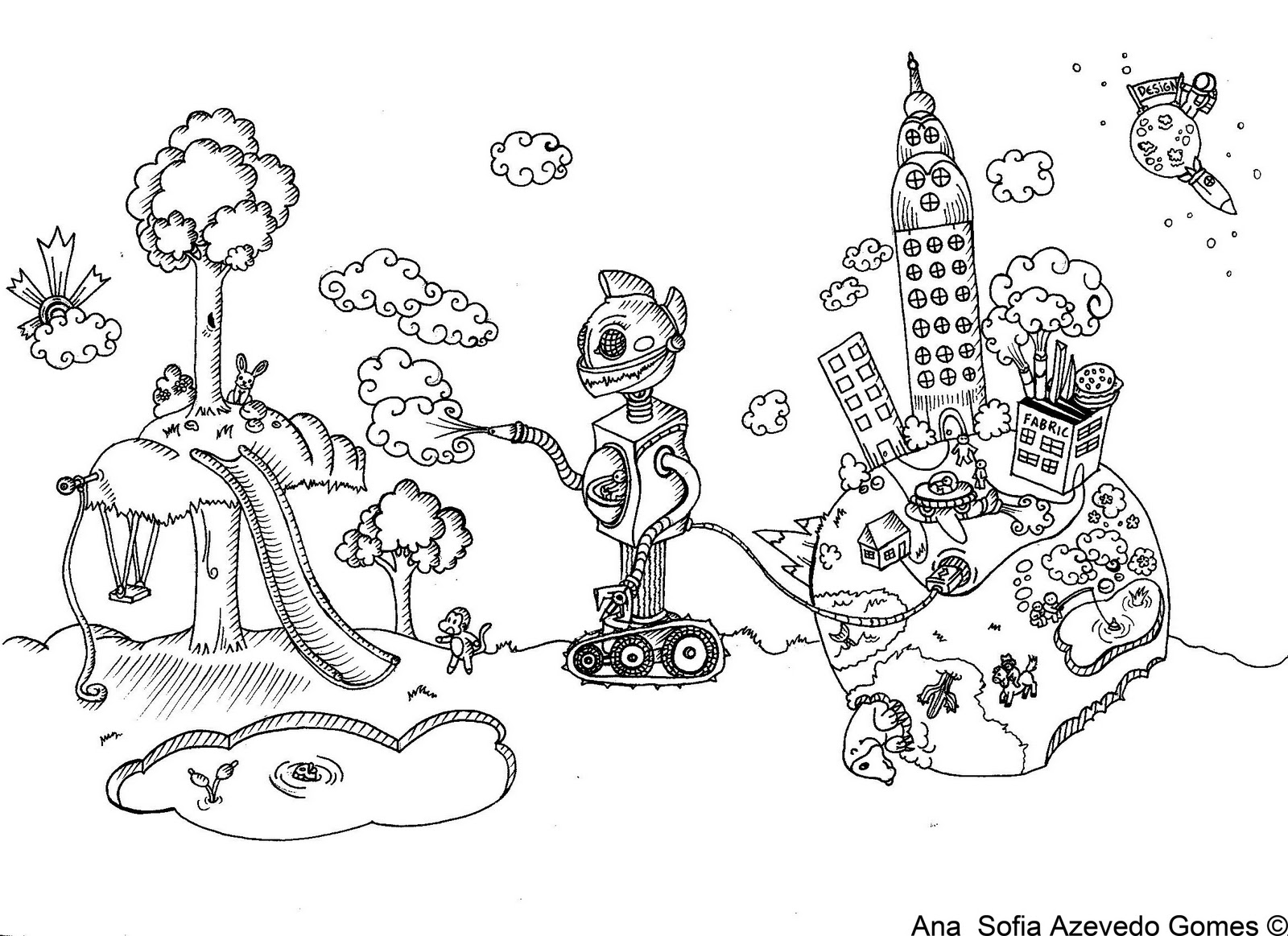 Ana Sofia A.Gomes: Ink Drawing - Robot World