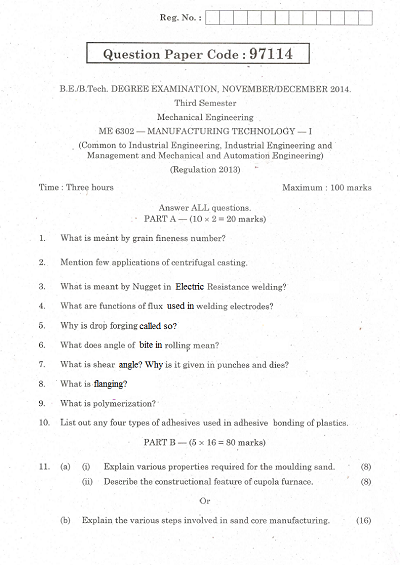 ME6302 Manufacturing Technology I Nov Dec 2014 Question Paper ...