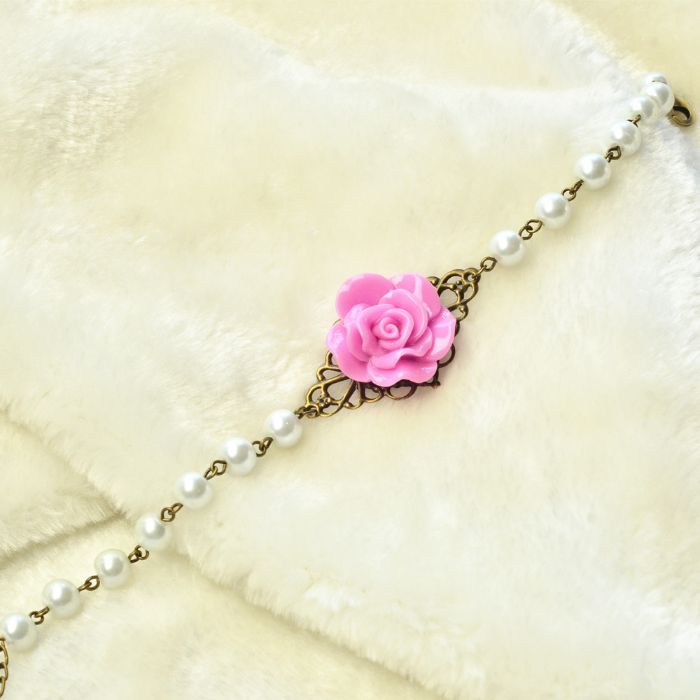 Pink Rose Bracelet with Pearl Beads