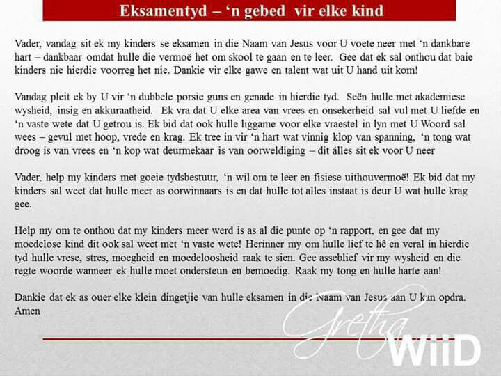 TEKKIE TONIC HTS WELKOM: Eksamentyd - gebed vir elke kind...