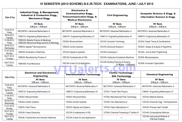 VTU 4th sem Exam time table for JUNE/JULY 2013