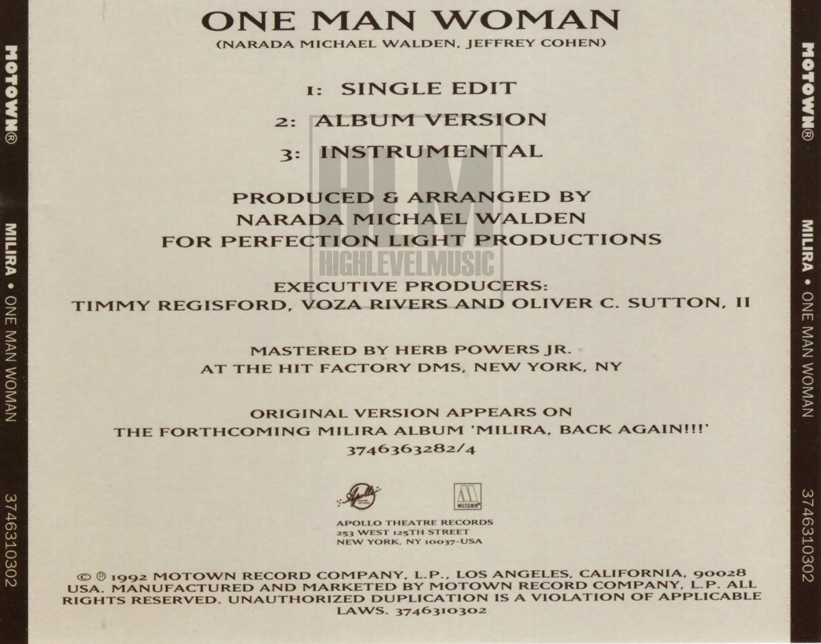 highest level of music: Milira - One Man Woman-(Promo_CDS)-FLAC-1992-hlm