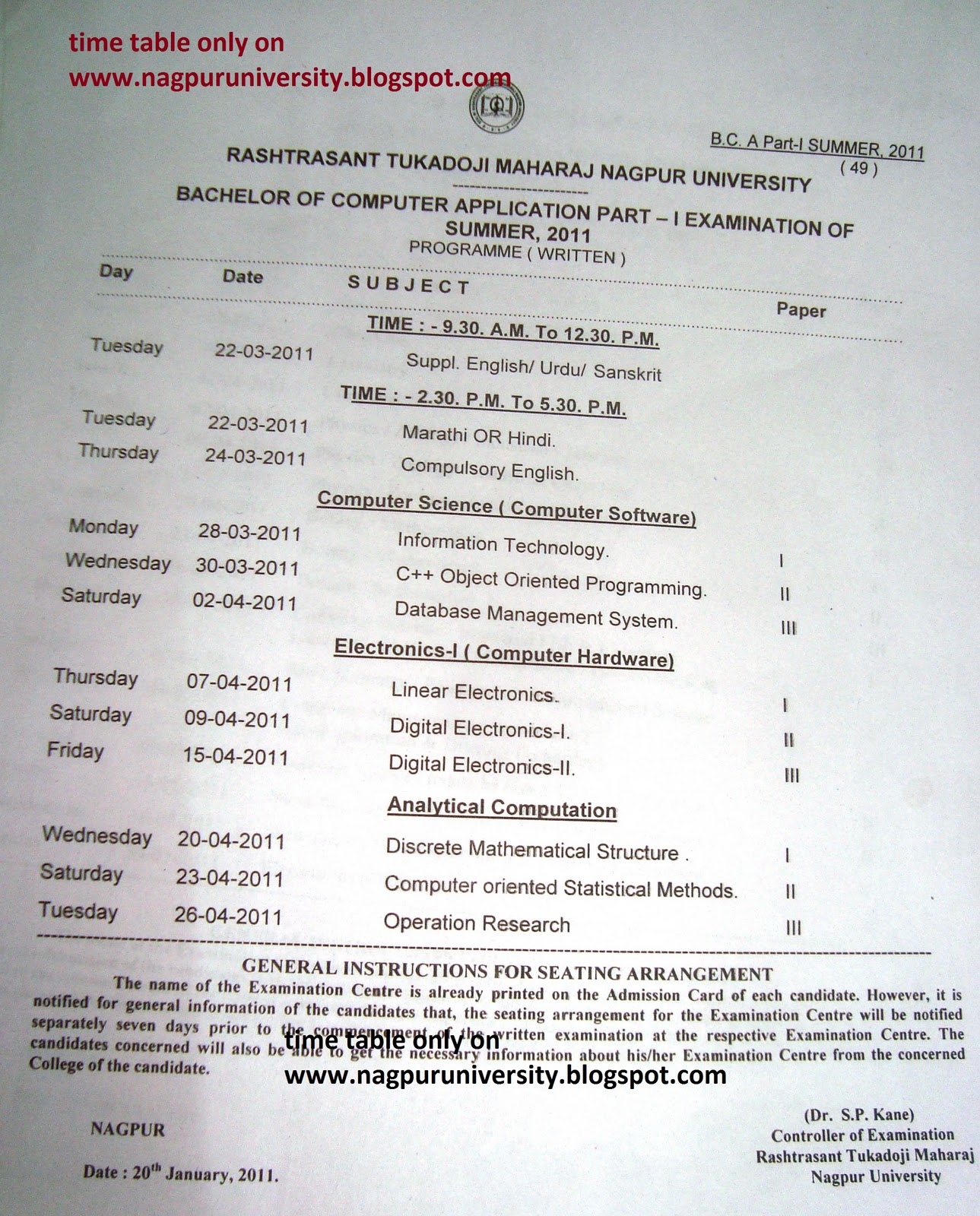 RTMNU TIME TABLE 2011 | BCA PART-1 | NAGPUR UNIVERSITY TIME TABLE BCA-1 ...