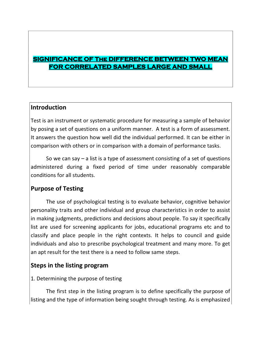 SIGNIFICANCE OF The DIFFERENCE BETWEEN TWO MEAN FOR CORRELATED SAMPLES ...