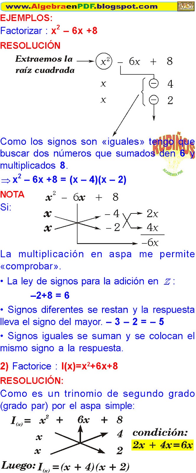 FACTORIZACION POR ASPA SIMPLE EJEMPLOS Y EJERCICIOS RESUELTOS