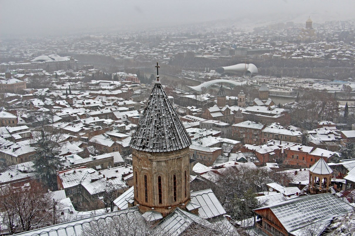 the viewing deck: Tbilisi city tour 2nd part; Snowy Stroll on Narikala Hill