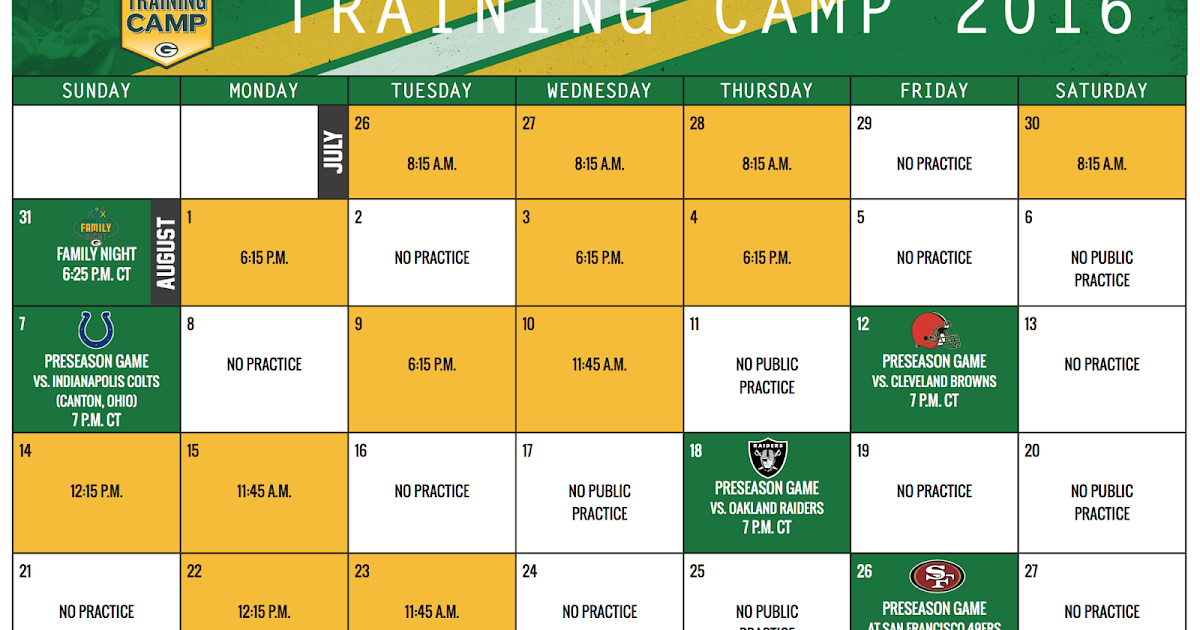 PACKERVILLE, U.S.A.: 2016 Training Camp Schedule