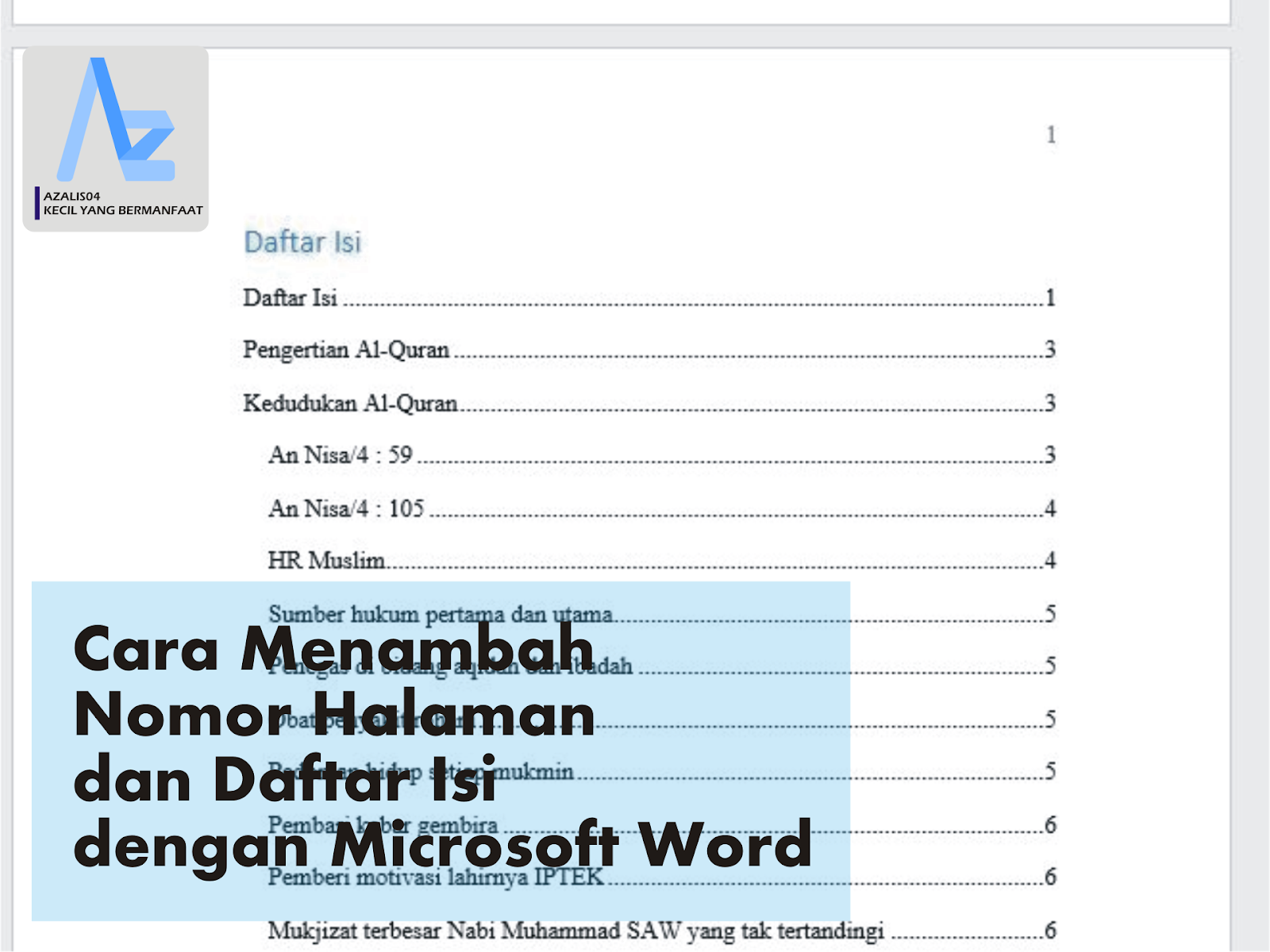 Cara Menambah Nomor Halaman dan Daftar Isi dengan Microsoft Word - Azalis04