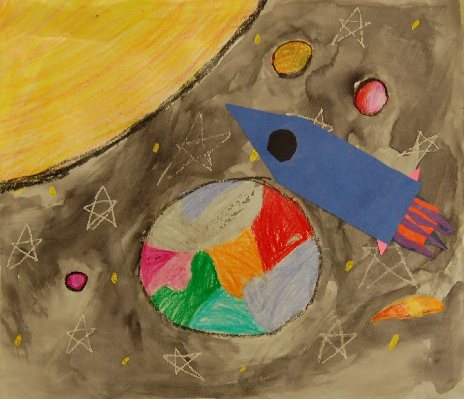 super happy art class: Collage and Crayon Resist in outer space