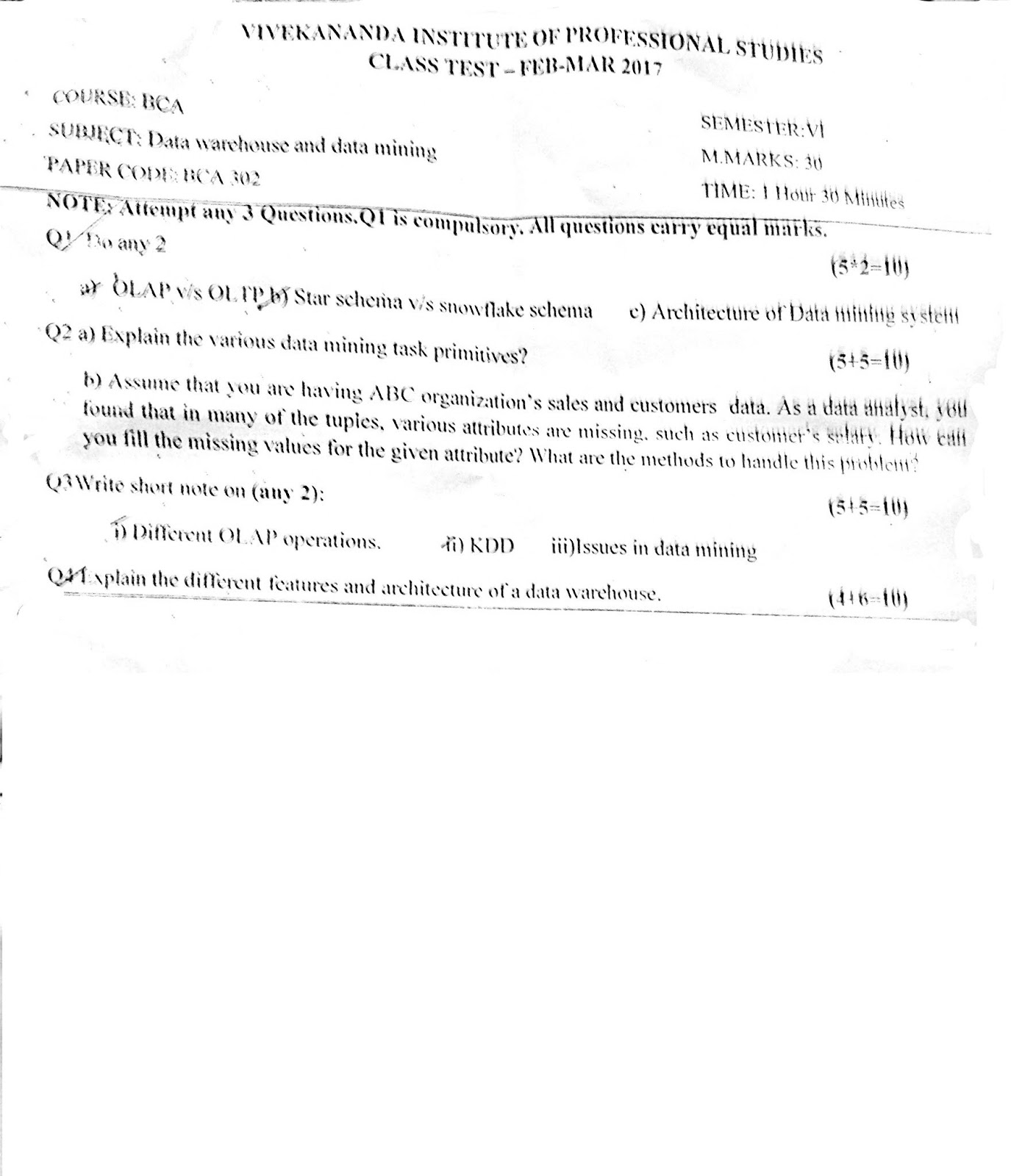 IPU BCA Semester - Dataware House & Data Mining (VIPS Minor Test Paper ...