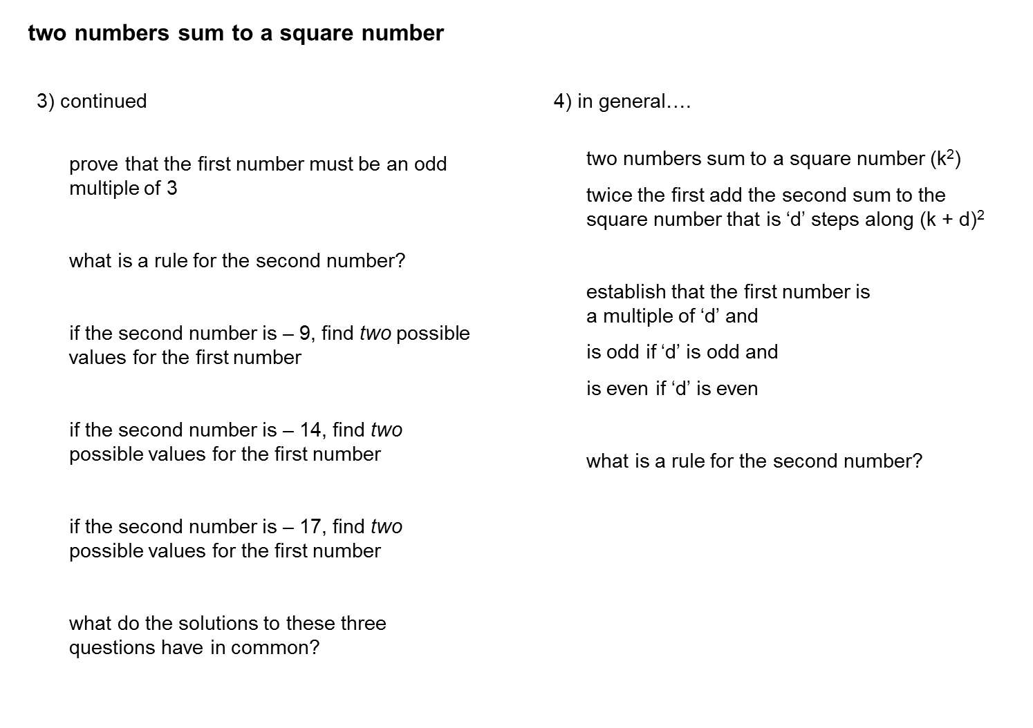 MEDIAN Don Steward mathematics teaching: two numbers sum to a square number