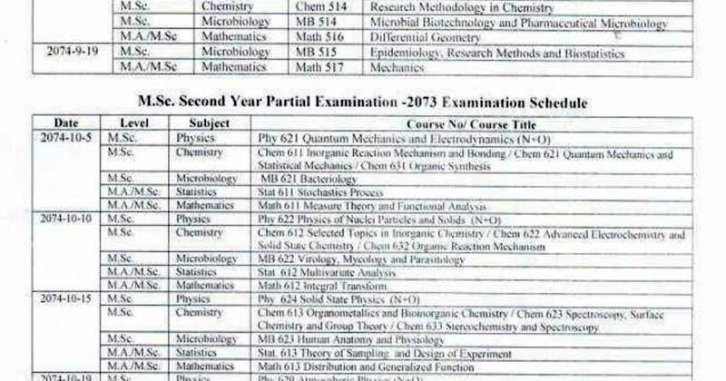 TU publishes exam routine M.Sc. 1st and 2nd year partial examinations