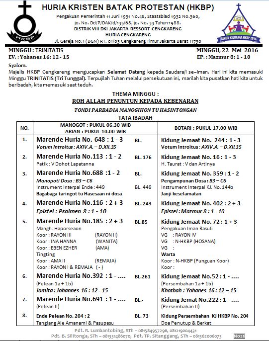 Jadwal Ibadah: Tata Ibadah HKBP Cengkareng, 22 Mei 2016