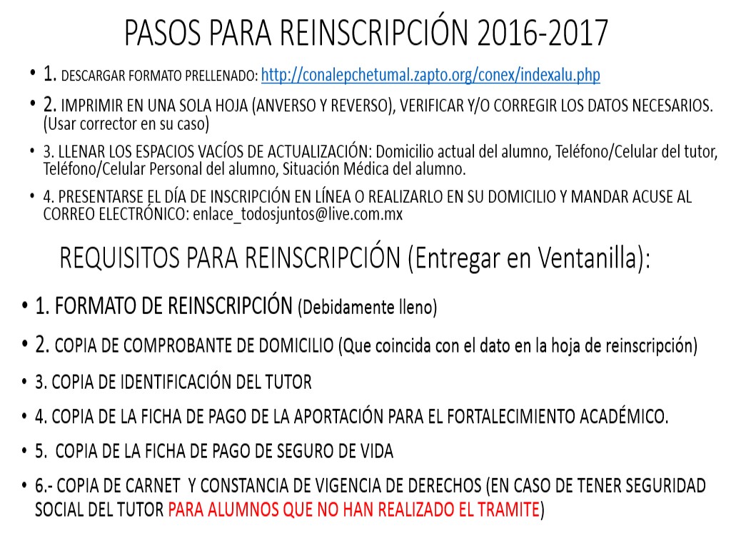 Conalep Plantel Chetumal: REINSCRIPCIÓN 2016-2017