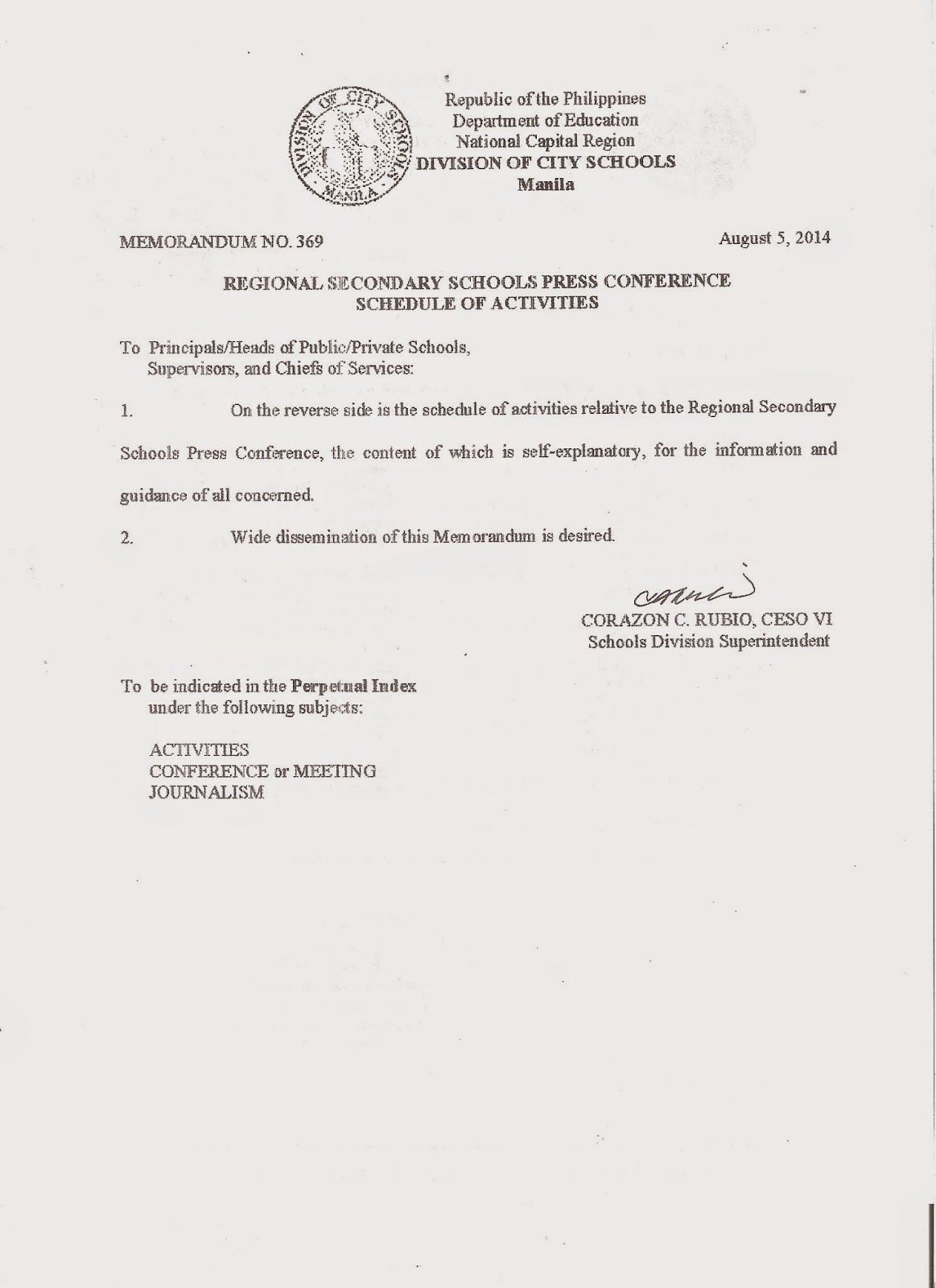 Department of Education Manila: Division Memorandum No. 369 - REGIONAL ...