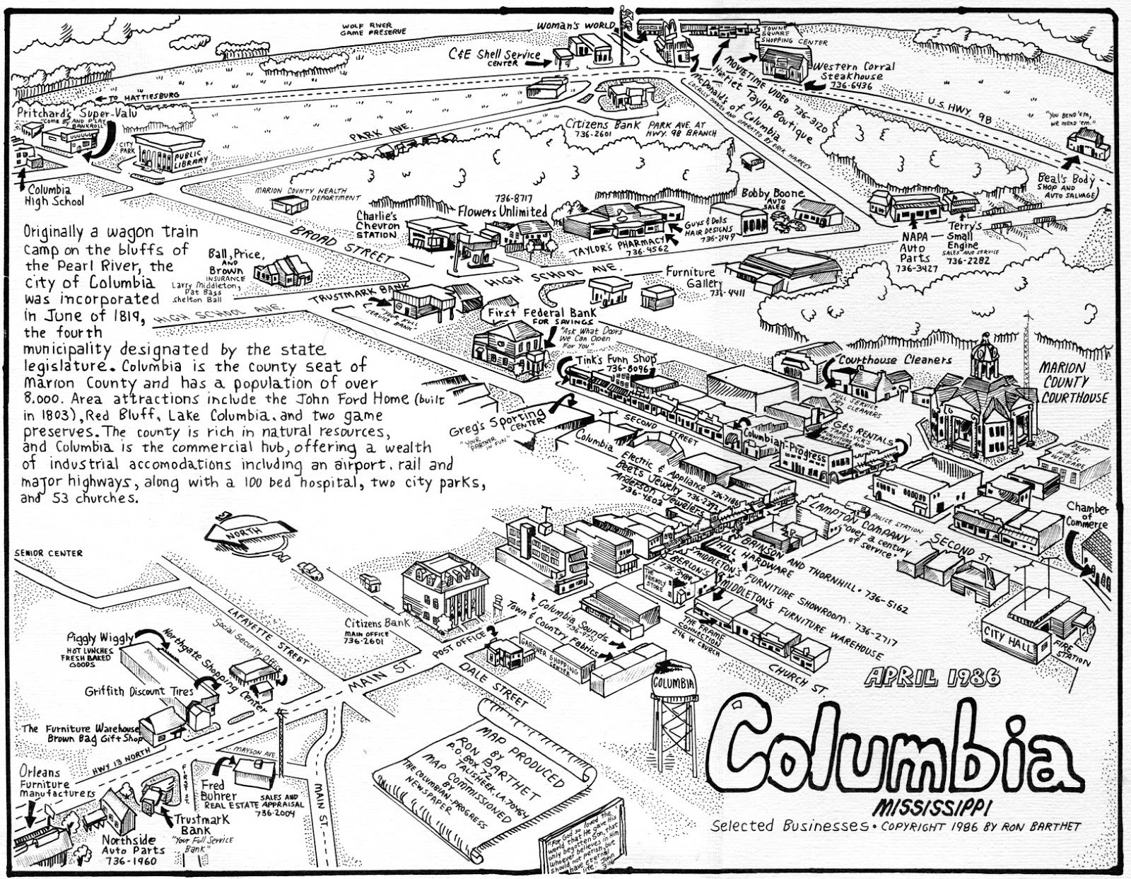 The Barthet Gallery: Columbia, MS, Pictorial Map