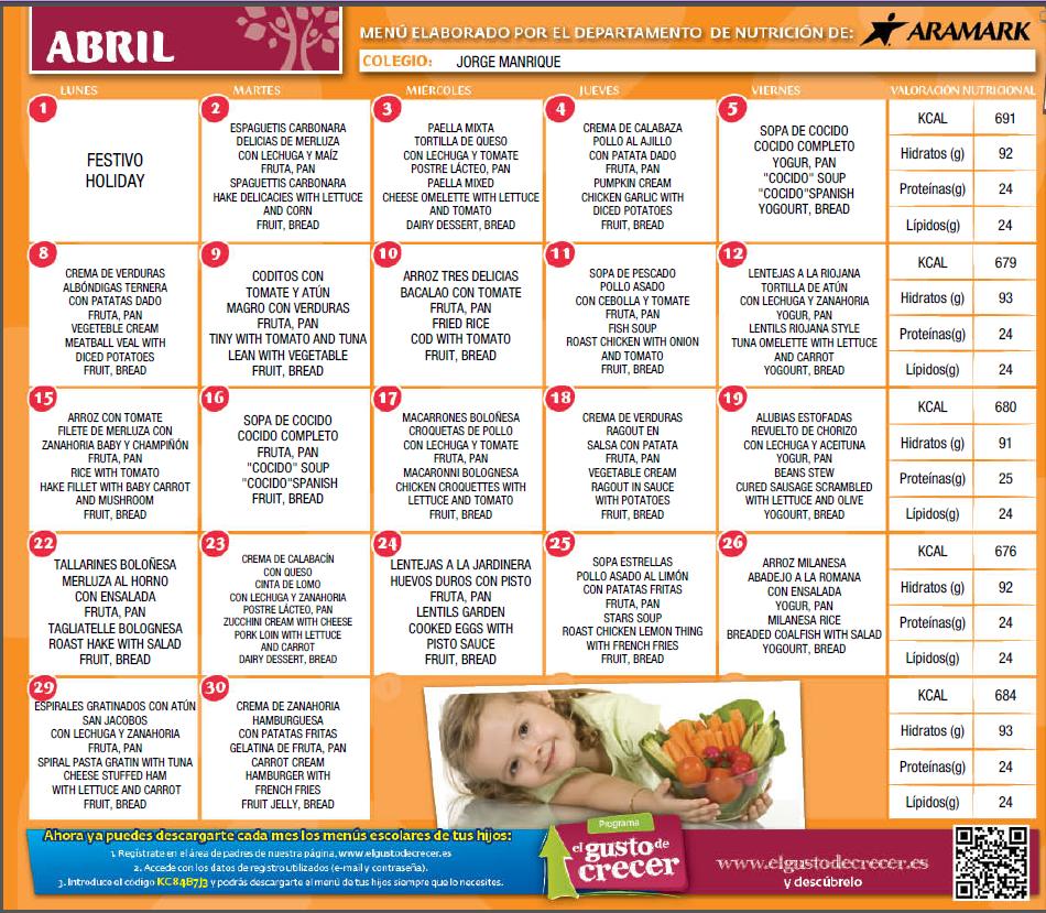 El Cole de Jorge Manrique : ARAMARK - MENU COMEDOR 2013 ABRIL