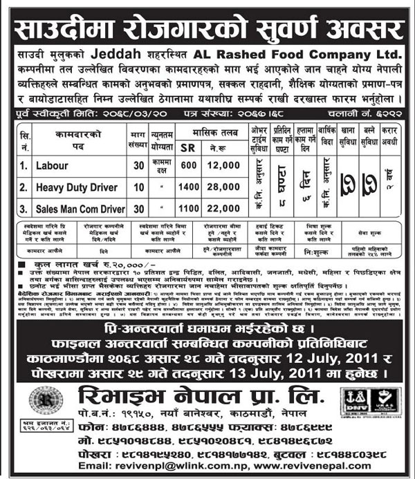 Manpower Demand: Saudi, Jeddah, Al Rashed Food Company Ltd