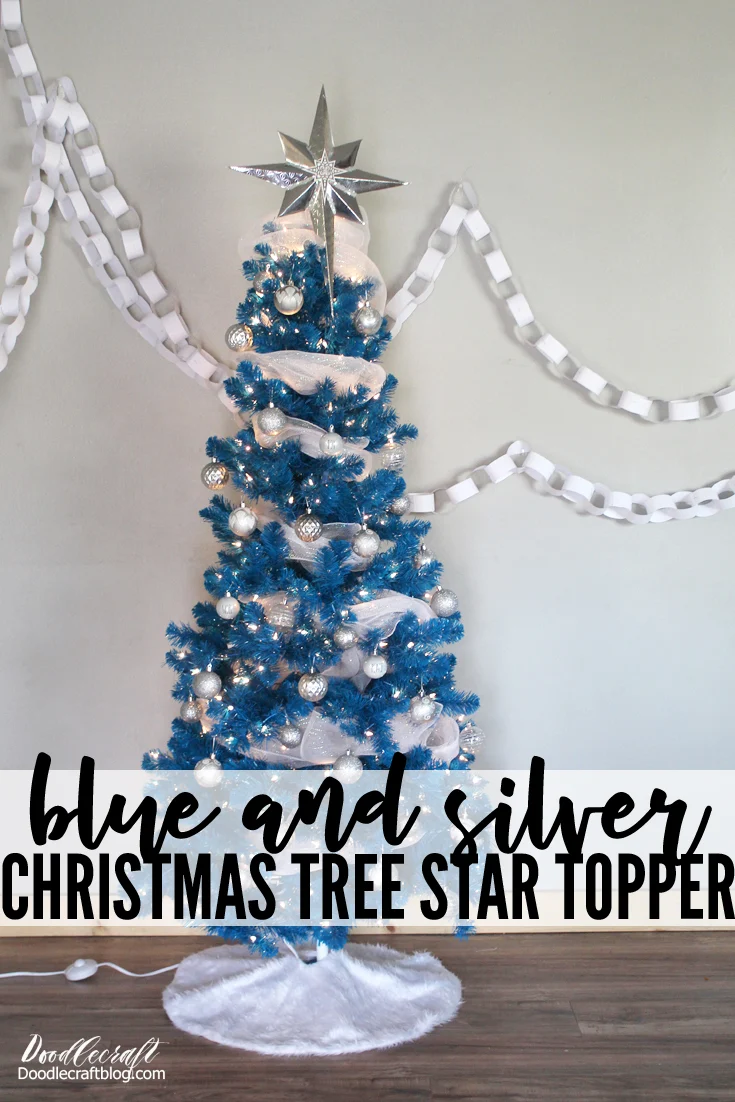 Silver Star Tree Topper on Blue Christmas Tree with Cricut Maker