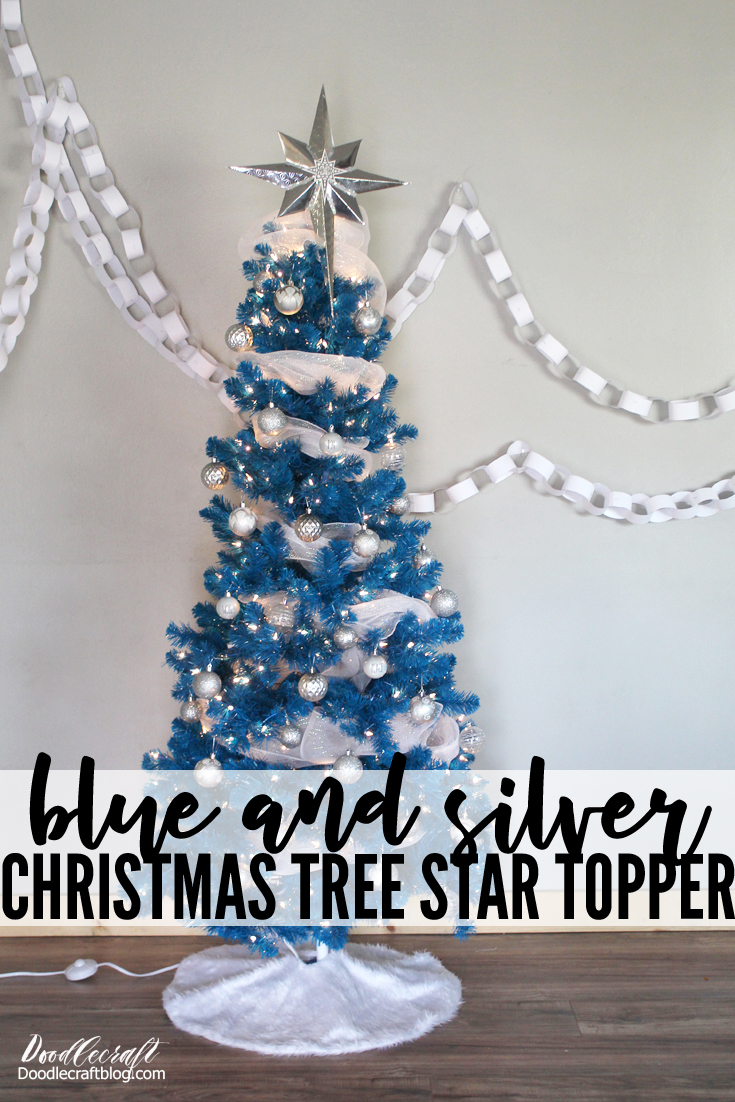 Silver Star Tree Topper on Blue Christmas Tree with Cricut Maker