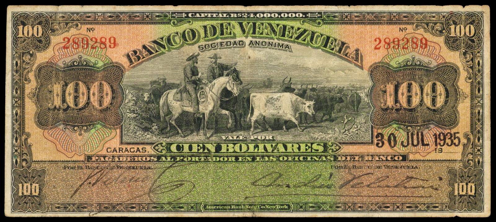 Venezuela 100 Bolivares banknote 1935 Banco De Venezuela|World ...