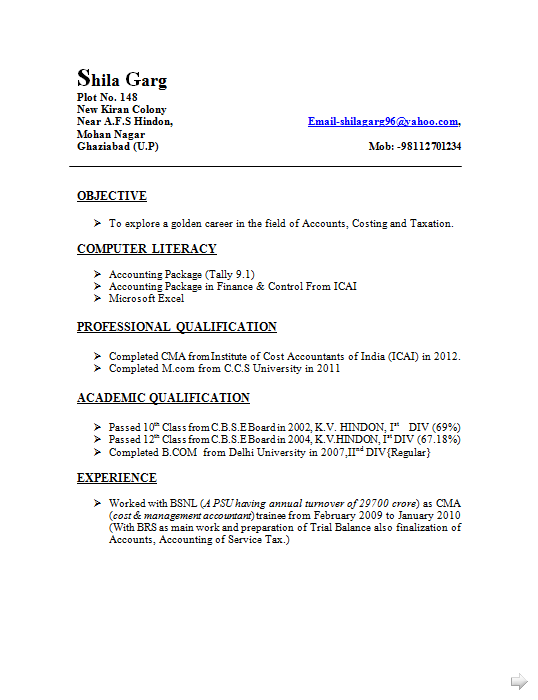 CMA Student Resume Sample