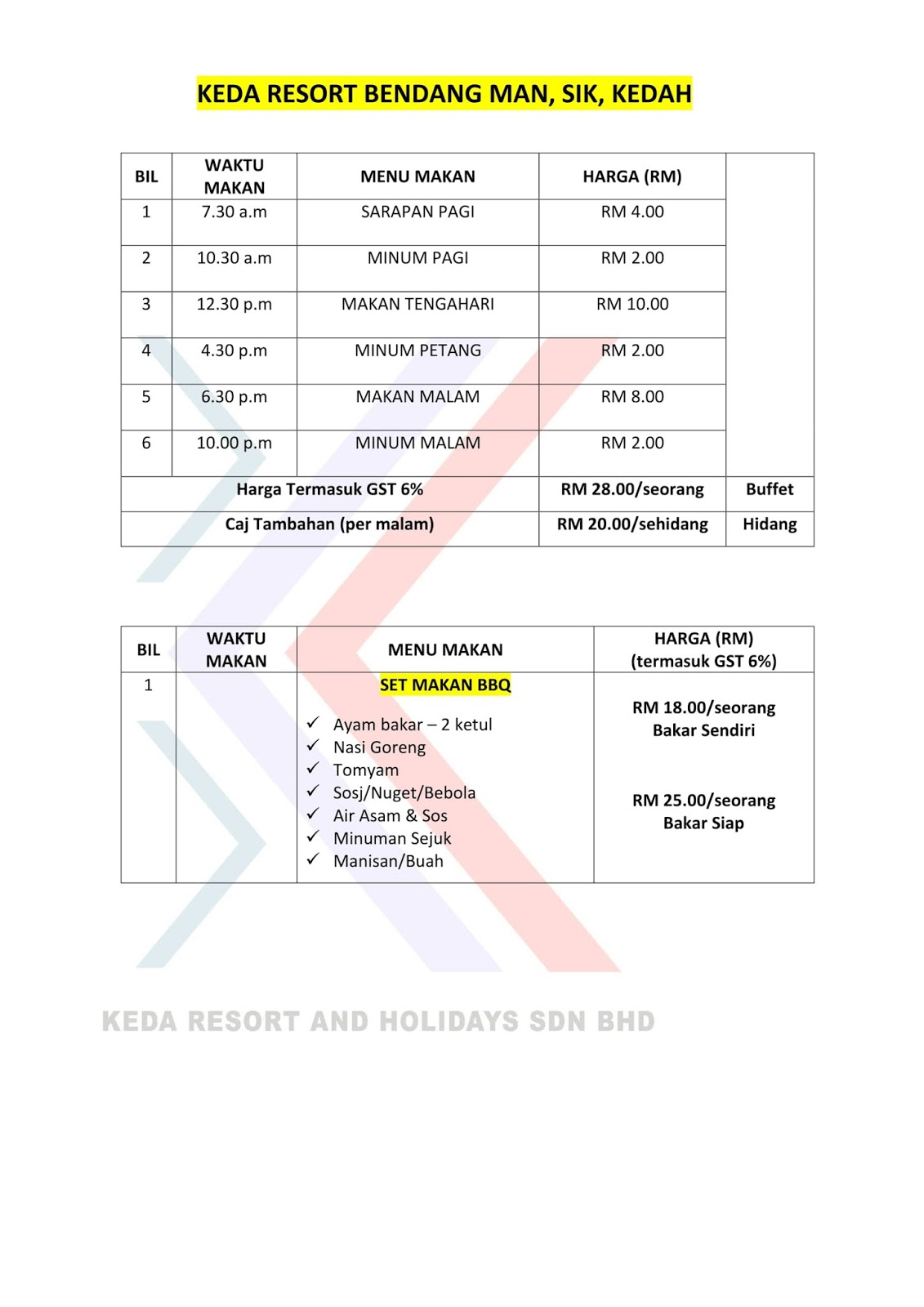 Harga KEDA Resort Bendang Man yang TERKINI
