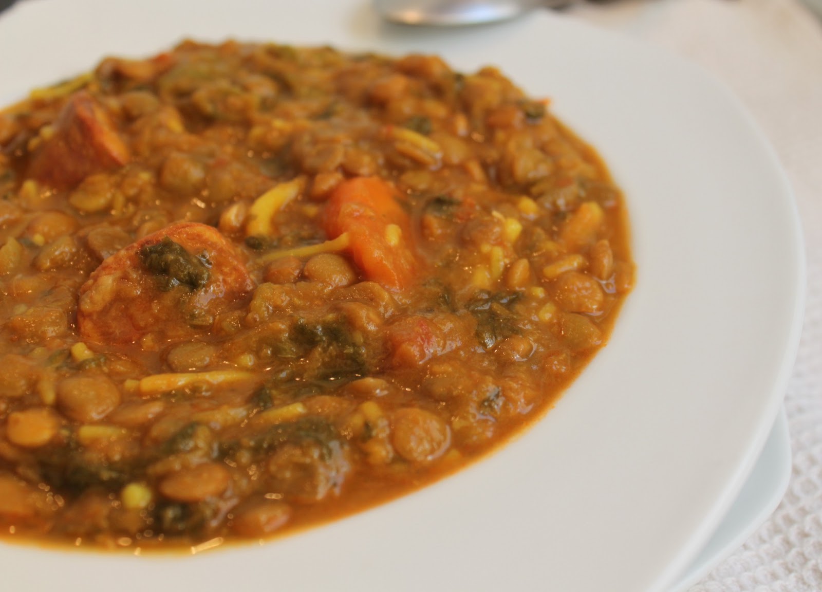 My Epicurean Delights: Lentel Stew with spinach & Chorizo