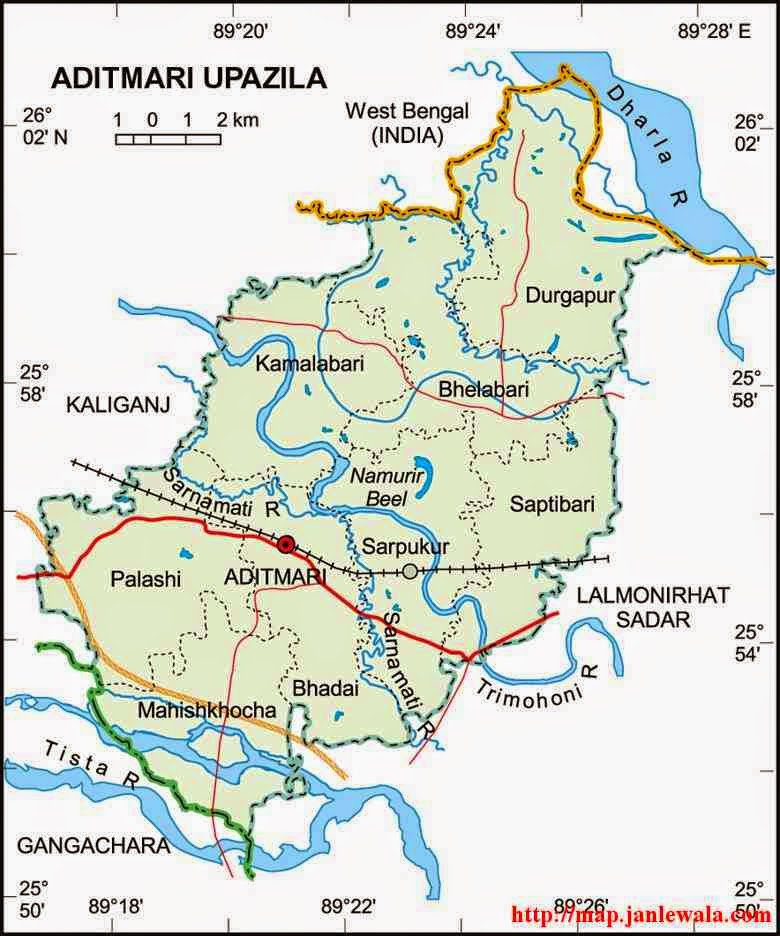 Aditmari Upazila Map, Lalmonirhat District, Bangladesh