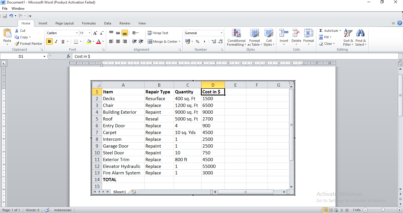Menyisipkan Lembar Kerja Excel di Dokumen Word