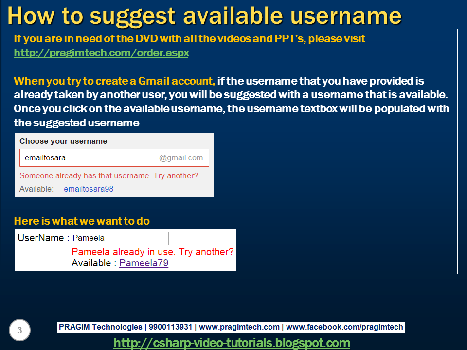 Sql server, .net and c# video tutorial: How to suggest available username