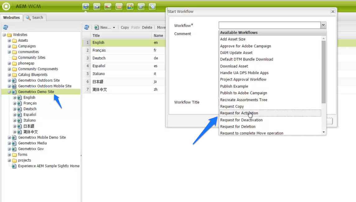 Experiencing Adobe Experience Manager Aem Cq Aem 61 Classic Ui Show Site Specific Workflows