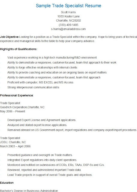 Resume Samples: Sample Trade Specialist Resume