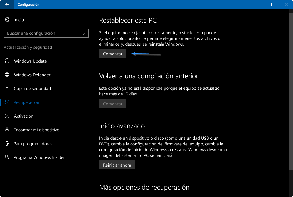 Restablecer Windows 10 a su estado original sin perder archivos y ...