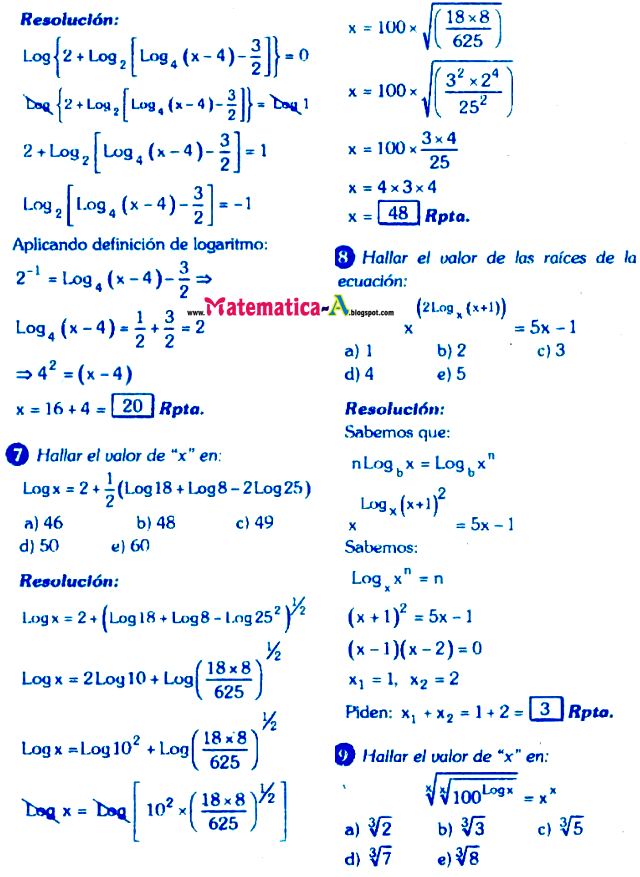 LOGARITMOS EJERCICIOS DESARROLLADOS ~ MATEMATICAS PROBLEMAS RESUELTOS