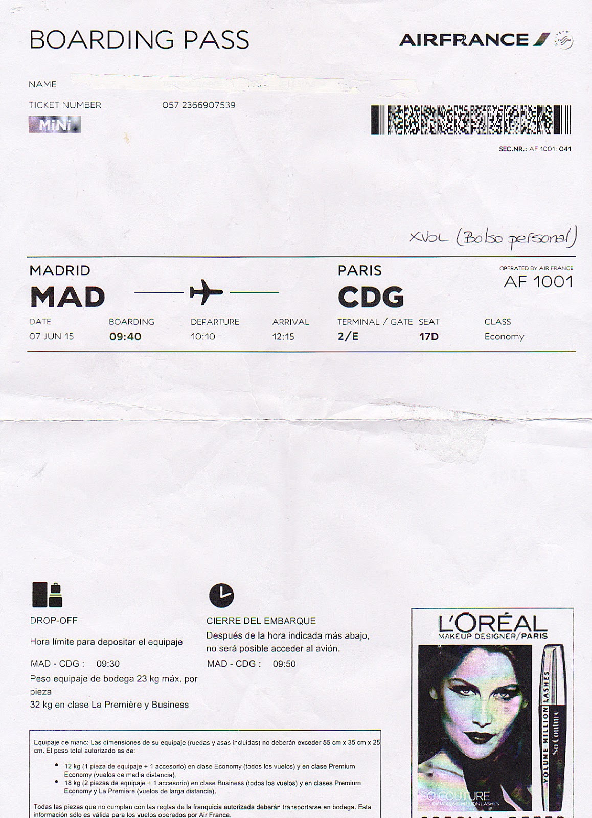 The traveler's drawer: AIR FRANCE. Carte d'accès à bord pour le vol AF ...