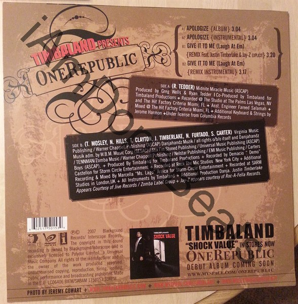 iAmDopeBeats Catalog: Timbaland - Apologize/Give It To Me (Laugh At Em Remix) [Vinyl Single]