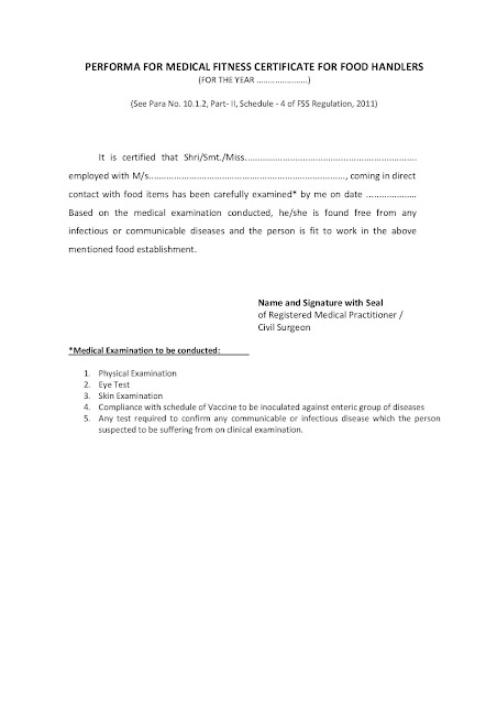 FOOD SAFETY LATEST: PROFORMA FOR MEDICAL FITNESS FOR FOOD HANDLERS